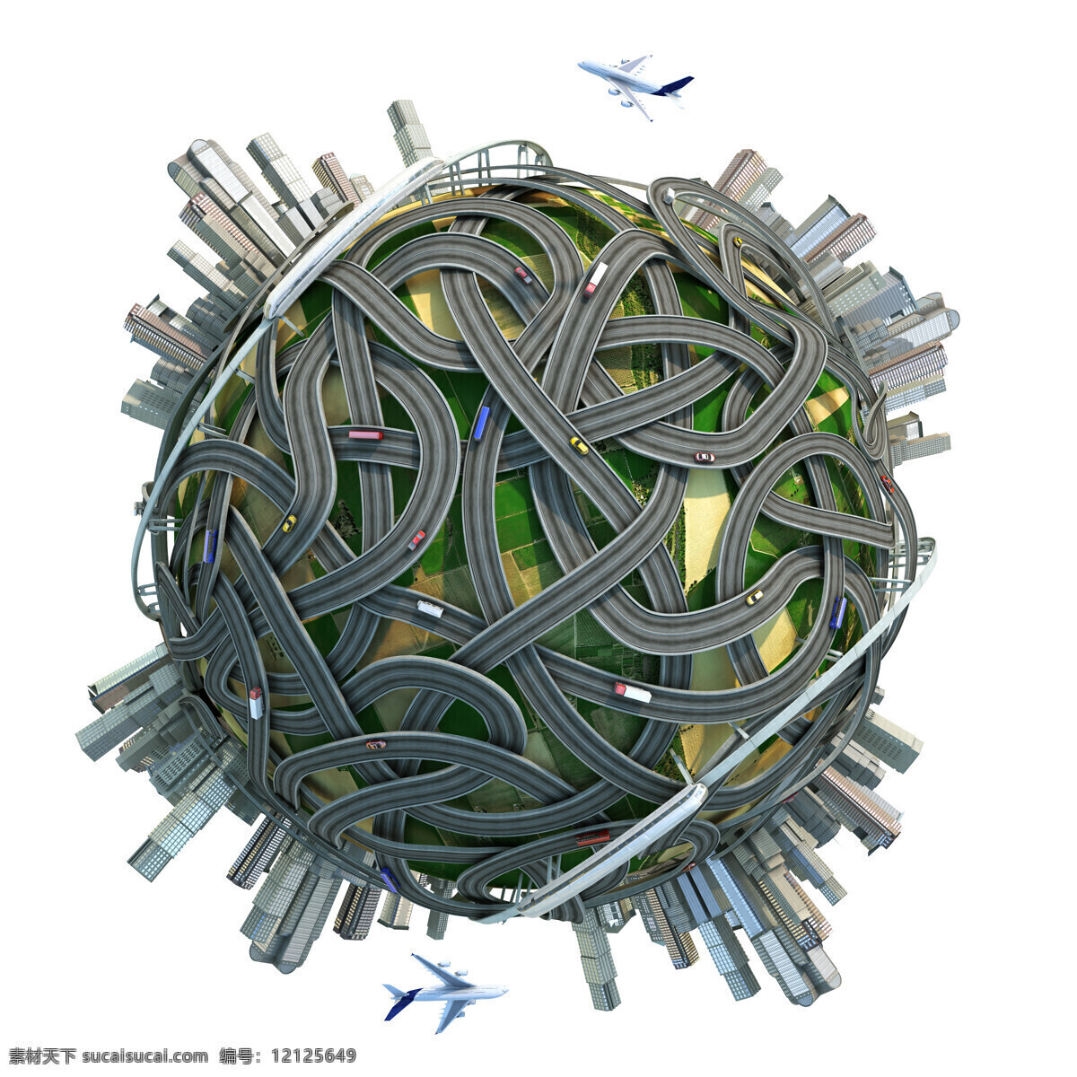 小星球上的公路城市和飞机素材图片下载-素材编号12125649-素材天下图库